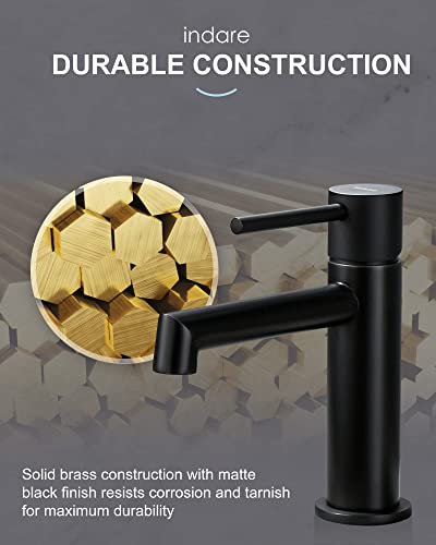 Bathroom Faucet, Indare Single Hole Brass Matte Black Bathroom Faucet with Pop-up Sink Drain Assembly and Faucet Supply Hose