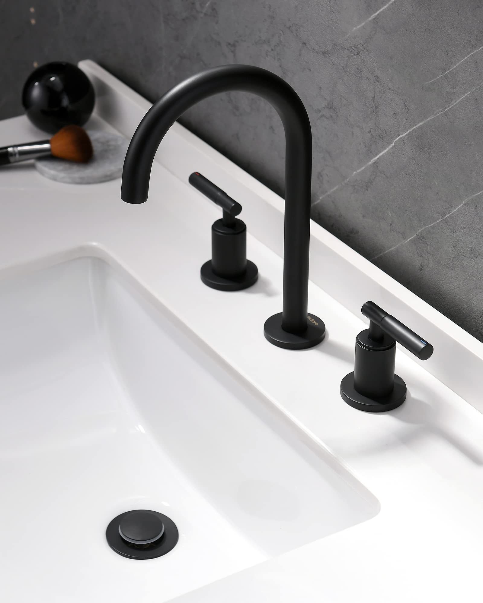 Matte Black Bathroom Faucet, Indare 360° Swivel Spout Two Handles Widespread 4 Inch 8Inch Brass Bathroom Sink Faucet 3 Hole with Pop-Up Drain and Water Supply Lines, Upgraded Style