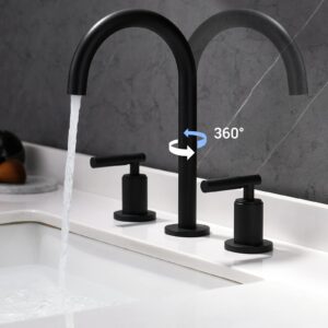 Matte Black Bathroom Faucet, Indare 360° Swivel Spout Two Handles Widespread 4 Inch 8Inch Brass Bathroom Sink Faucet 3 Hole with Pop-Up Drain and Water Supply Lines, Upgraded Style