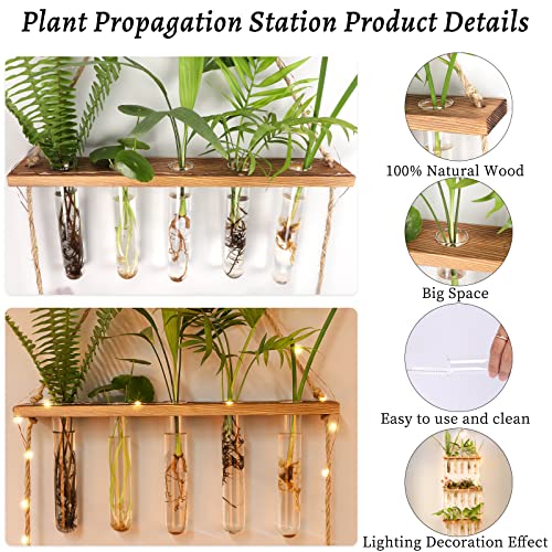 MYFINCA Propagation Stations Wall Hanging Planter Terrarium with LED Lights & Wooden Stand Propogation Planters Glass Tube Vase for Hydroponic Plant Cutting Flower, Home Decor (3Tier 16Tubes)