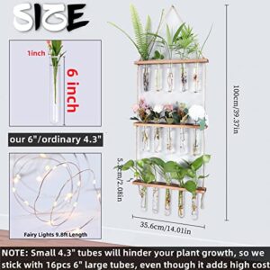 MYFINCA Propagation Stations Wall Hanging Planter Terrarium with LED Lights & Wooden Stand Propogation Planters Glass Tube Vase for Hydroponic Plant Cutting Flower, Home Decor (3Tier 16Tubes)