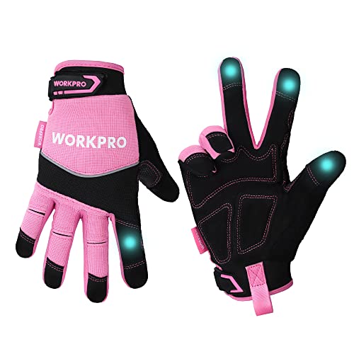 WORKPRO Safety Work Gloves, Pink Working Gloves for Women Men, Touch Screen, Terry Fabric, Non-Slip (Medium, Pink Ribbon)