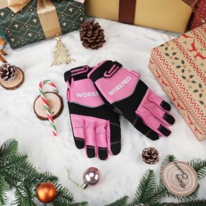 WORKPRO Safety Work Gloves, Pink Working Gloves for Women Men, Touch Screen, Terry Fabric, Non-Slip (Medium, Pink Ribbon)