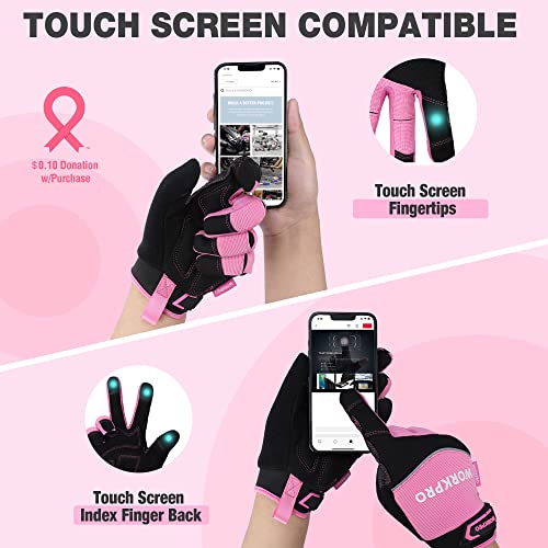 WORKPRO Safety Work Gloves, Pink Working Gloves for Women Men, Touch Screen, Terry Fabric, Non-Slip (Medium, Pink Ribbon)