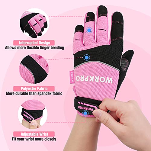 WORKPRO Safety Work Gloves, Pink Working Gloves for Women Men, Touch Screen, Terry Fabric, Non-Slip (Medium, Pink Ribbon)