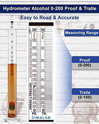 Cimalab Hydrometer Alcohol Meter, Hydrometer Alcohol 0-200 Proof and Tralle Hydrometer, Alcohol Proof Tester for Liquor/Moonshine/Proofing Distilled/Spirits/Distilled Alcohol Proof