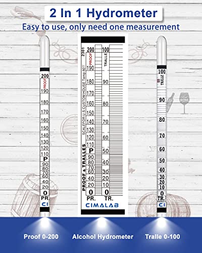 Cimalab Hydrometer Alcohol Meter, Hydrometer Alcohol 0-200 Proof and Tralle Hydrometer, Alcohol Proof Tester for Liquor/Moonshine/Proofing Distilled/Spirits/Distilled Alcohol Proof