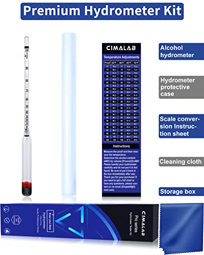 Cimalab Hydrometer Alcohol Meter, Hydrometer Alcohol 0-200 Proof and Tralle Hydrometer, Alcohol Proof Tester for Liquor/Moonshine/Proofing Distilled/Spirits/Distilled Alcohol Proof