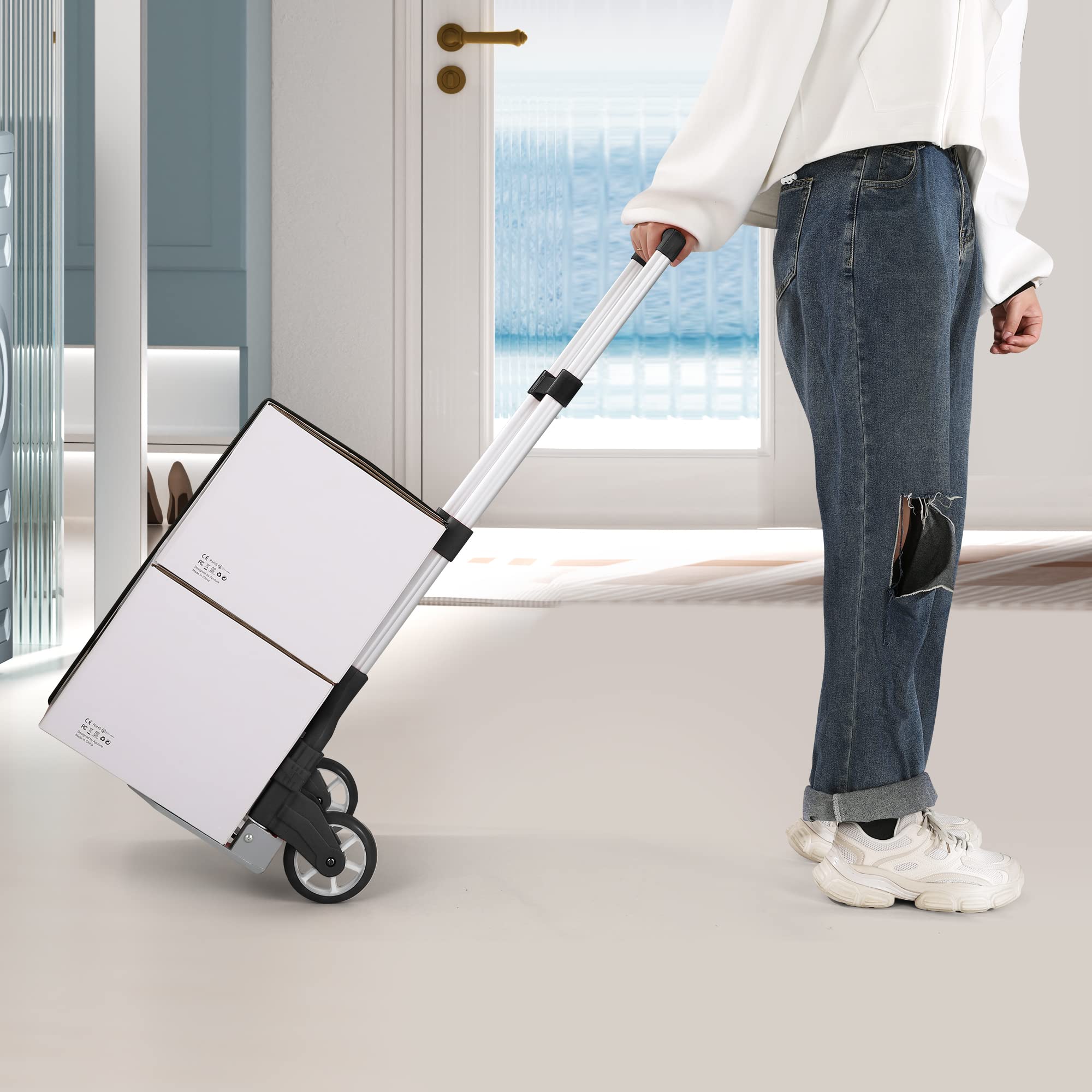 Caflower Folding Hand Truck,Sliver Aluminium Portable Folding Trolley with 3-Position Folding Pulley Handles, Load Capacity 175 lbs for Home, Office and Travel Use.PVC Wheels