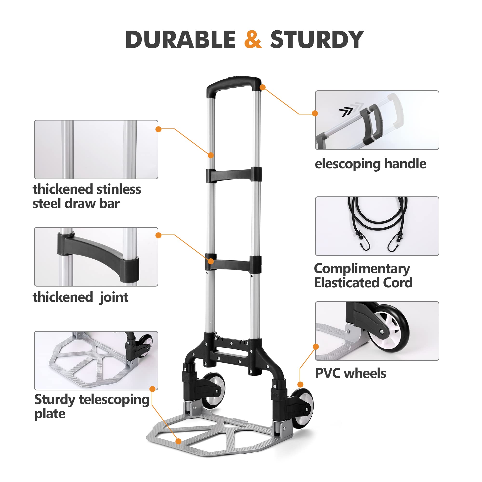 Caflower Folding Hand Truck,Sliver Aluminium Portable Folding Trolley with 3-Position Folding Pulley Handles, Load Capacity 175 lbs for Home, Office and Travel Use.PVC Wheels