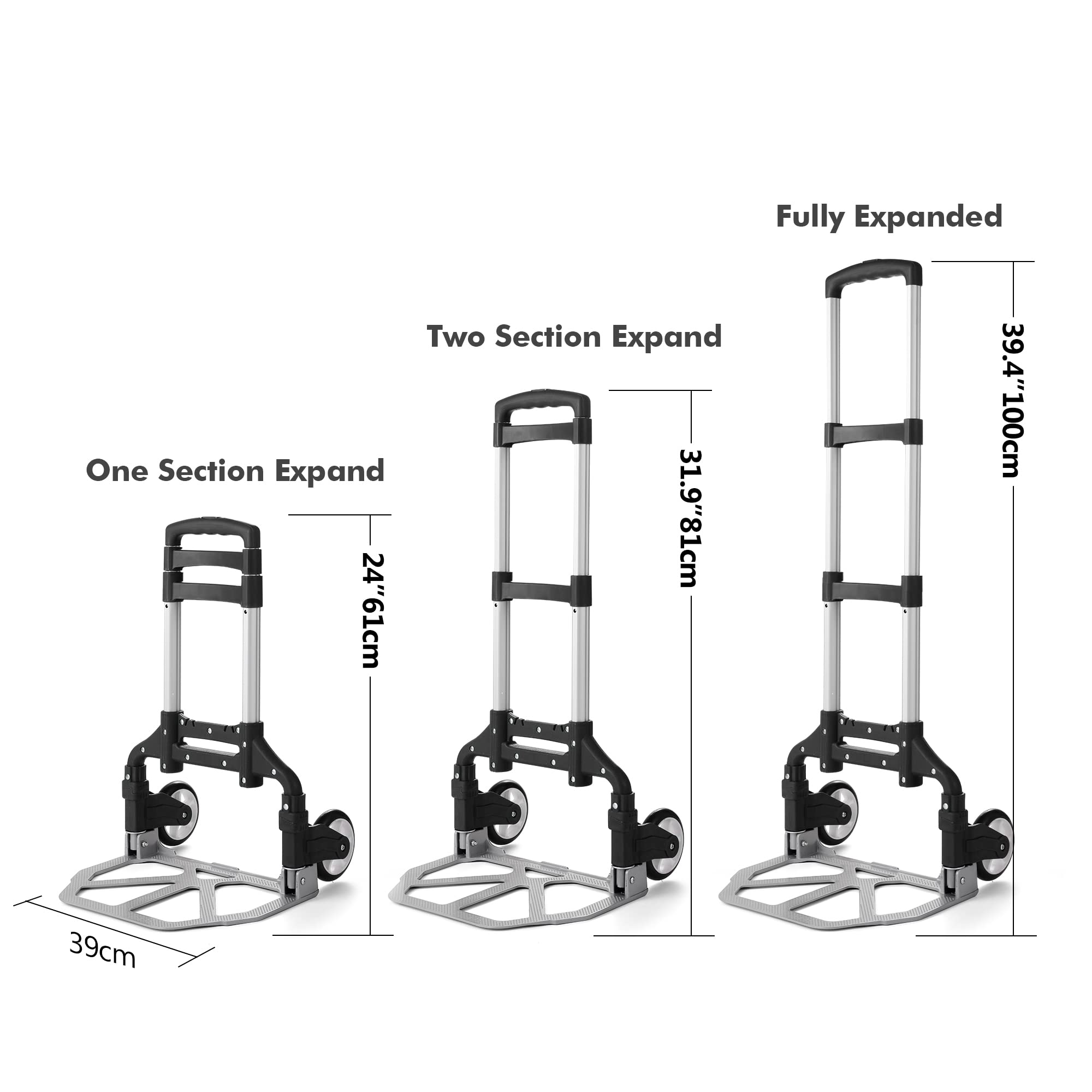 Caflower Folding Hand Truck,Sliver Aluminium Portable Folding Trolley with 3-Position Folding Pulley Handles, Load Capacity 175 lbs for Home, Office and Travel Use.PVC Wheels