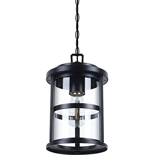 UFOND Outdoor Pendant Lantern for Porch, Pendant Light in Black Finish, 1-Pack Exterior Hanging Lantern with Clear Glass and Adjustable Chain,Gazebo Light Fixture for Patio Garage Entryway