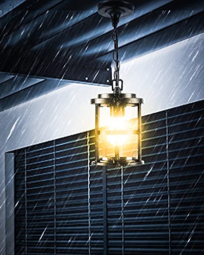 UFOND Outdoor Pendant Lantern for Porch, Pendant Light in Black Finish, 1-Pack Exterior Hanging Lantern with Clear Glass and Adjustable Chain,Gazebo Light Fixture for Patio Garage Entryway