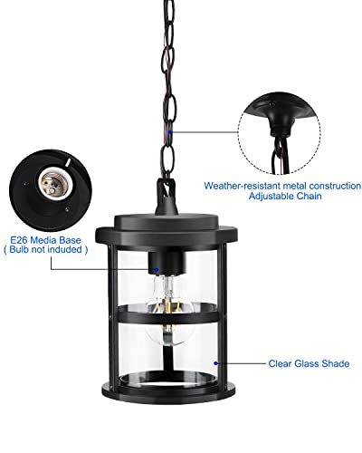 UFOND Outdoor Pendant Lantern for Porch, Pendant Light in Black Finish, 1-Pack Exterior Hanging Lantern with Clear Glass and Adjustable Chain,Gazebo Light Fixture for Patio Garage Entryway