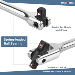 MAXPOWER 3Pcs Breaker Bar Set, Dual Drive 1/2" and 3/8" for Breaker Bars 15-inch and 18-inch, 10-inch Short Breaker Bar 1/2"