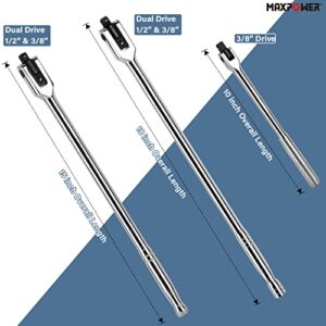 MAXPOWER 3Pcs Breaker Bar Set, Dual Drive 1/2" and 3/8" for Breaker Bars 15-inch and 18-inch, 10-inch Short Breaker Bar 1/2"