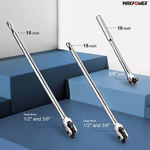 MAXPOWER 3Pcs Breaker Bar Set, Dual Drive 1/2" and 3/8" for Breaker Bars 15-inch and 18-inch, 10-inch Short Breaker Bar 1/2"