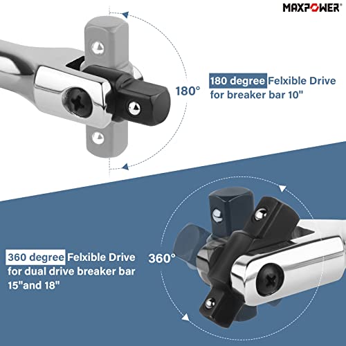 MAXPOWER 3Pcs Breaker Bar Set, Dual Drive 1/2" and 3/8" for Breaker Bars 15-inch and 18-inch, 10-inch Short Breaker Bar 1/2"