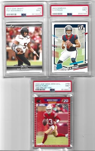 MINT PATRICK "PAT" MAHOMES BROCK PURDY LEAF & C.J..STROUD DONRUSS 3 CARD ROOKIE LOT GRADED PSA MINT 9 NFL SUPERSTAR QUARTRBACKS