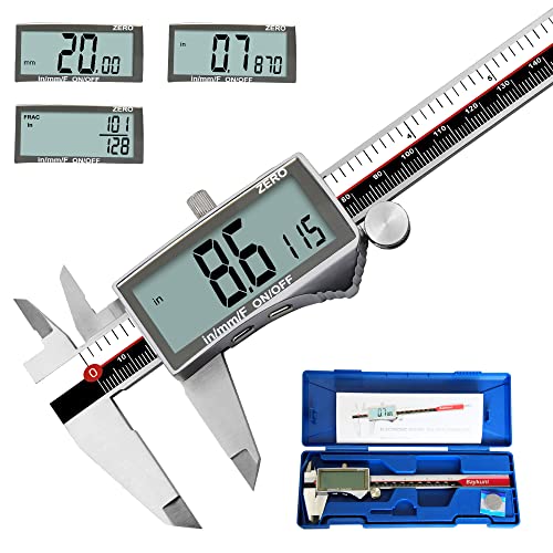 Digital Caliper, Electronic Micrometer 0-6" Inch Metrics Fraction Calipers Rulers 150 Millimeters Dimensional Measuring Tool Vernier Stainless Steel Large Screen