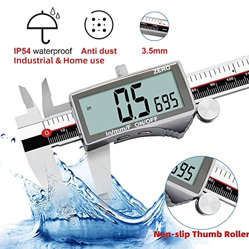 Digital Caliper, Electronic Micrometer 0-6" Inch Metrics Fraction Calipers Rulers 150 Millimeters Dimensional Measuring Tool Vernier Stainless Steel Large Screen