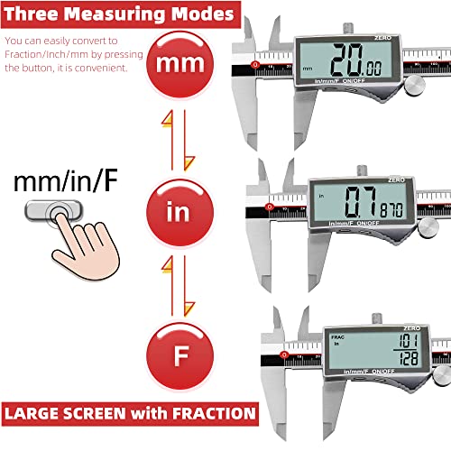 Digital Caliper, Electronic Micrometer 0-6" Inch Metrics Fraction Calipers Rulers 150 Millimeters Dimensional Measuring Tool Vernier Stainless Steel Large Screen