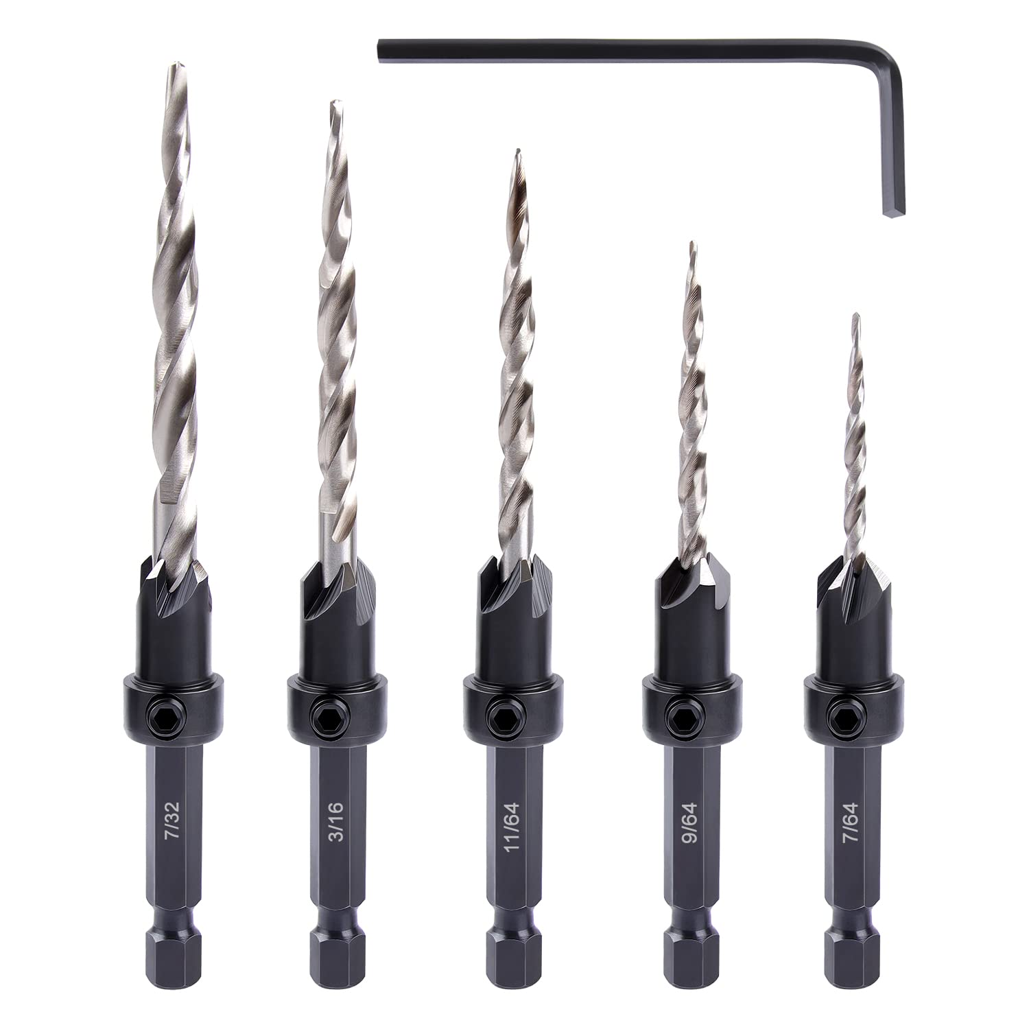 Wood Countersink Drill Bit Set, Newdeli 5Pcs Countersink Drill Bit #4、6、8、10、12, Tapered Drill Bits with 1/4" Hex Shank Quick Change and Allen Wrench, Counter Sinker Drill Bit Set for Woodworking