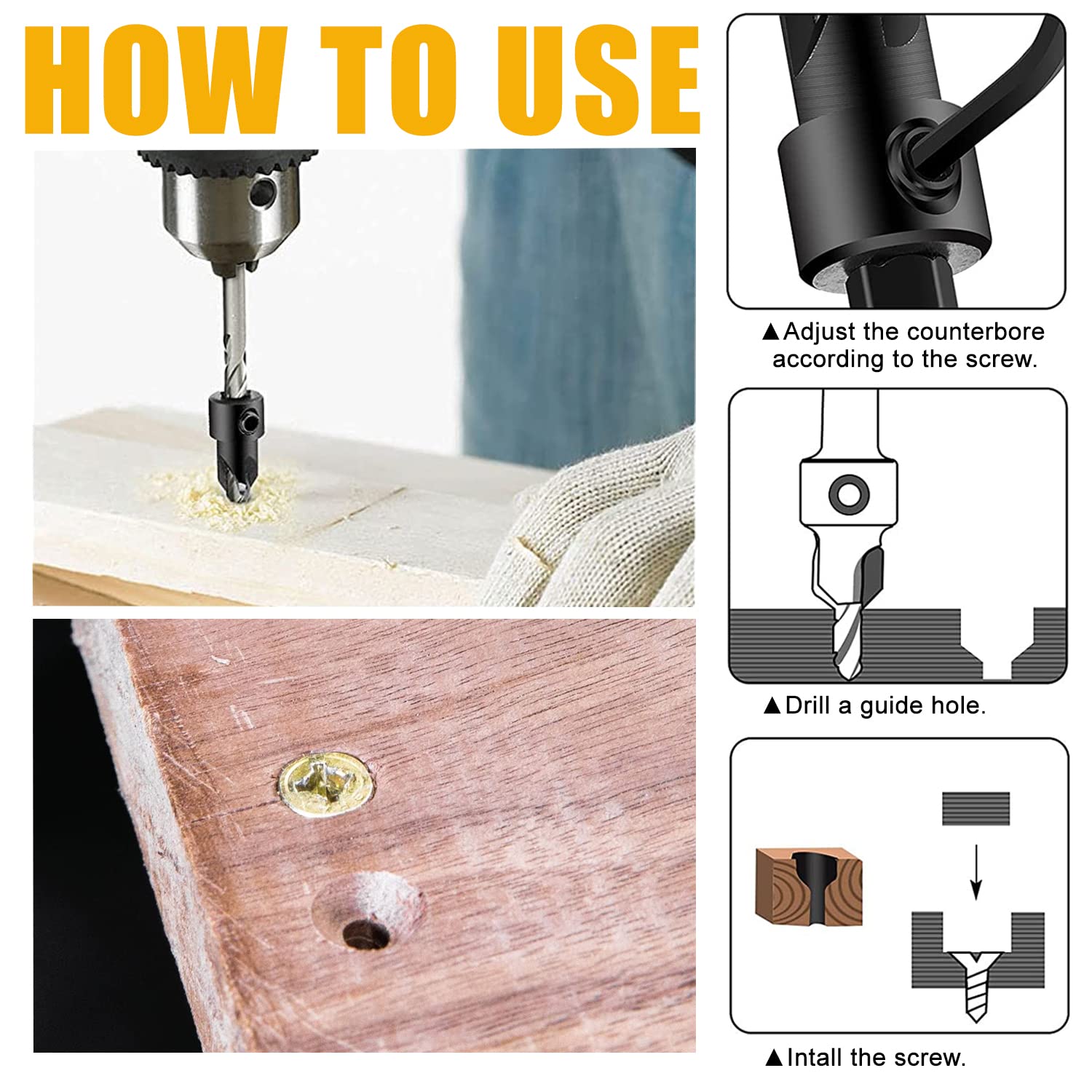 Wood Countersink Drill Bit Set, Newdeli 5Pcs Countersink Drill Bit #4、6、8、10、12, Tapered Drill Bits with 1/4" Hex Shank Quick Change and Allen Wrench, Counter Sinker Drill Bit Set for Woodworking