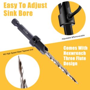 Wood Countersink Drill Bit Set, Newdeli 5Pcs Countersink Drill Bit #4、6、8、10、12, Tapered Drill Bits with 1/4" Hex Shank Quick Change and Allen Wrench, Counter Sinker Drill Bit Set for Woodworking