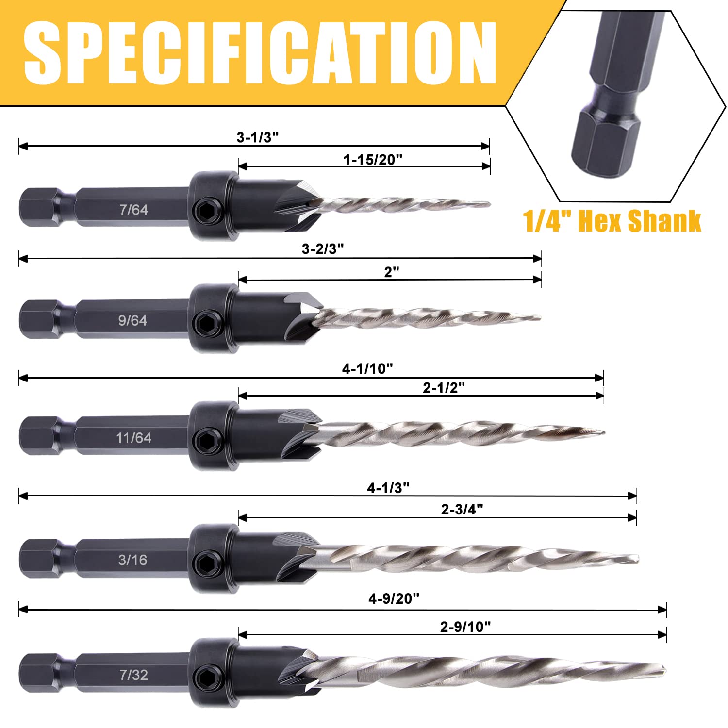 Wood Countersink Drill Bit Set, Newdeli 5Pcs Countersink Drill Bit #4、6、8、10、12, Tapered Drill Bits with 1/4" Hex Shank Quick Change and Allen Wrench, Counter Sinker Drill Bit Set for Woodworking