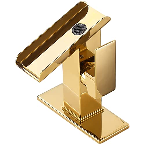 Bathroom Sink Faucet Gold Single Handle 1 or 3 Hole 4 Inch Waterfall Open Spout Bathroom Faucets Modern Brass Lavatory Bath RV Vanity Sink Faucets Basin Mixer Tap with Supply Line Cover Plate