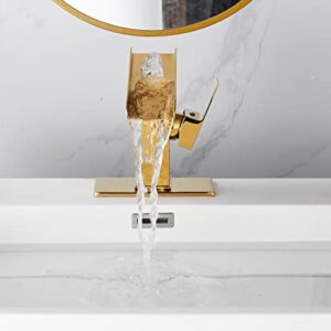 Bathroom Sink Faucet Gold Single Handle 1 or 3 Hole 4 Inch Waterfall Open Spout Bathroom Faucets Modern Brass Lavatory Bath RV Vanity Sink Faucets Basin Mixer Tap with Supply Line Cover Plate