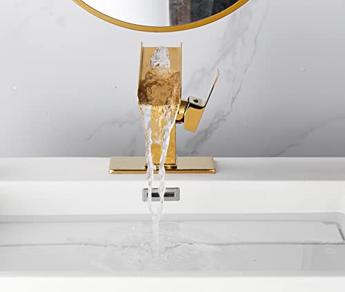 Bathroom Sink Faucet Gold Single Handle 1 or 3 Hole 4 Inch Waterfall Open Spout Bathroom Faucets Modern Brass Lavatory Bath RV Vanity Sink Faucets Basin Mixer Tap with Supply Line Cover Plate