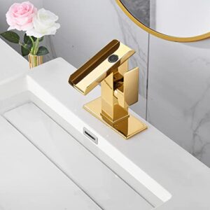 Bathroom Sink Faucet Gold Single Handle 1 or 3 Hole 4 Inch Waterfall Open Spout Bathroom Faucets Modern Brass Lavatory Bath RV Vanity Sink Faucets Basin Mixer Tap with Supply Line Cover Plate