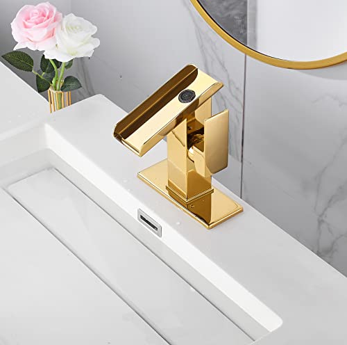 Bathroom Sink Faucet Gold Single Handle 1 or 3 Hole 4 Inch Waterfall Open Spout Bathroom Faucets Modern Brass Lavatory Bath RV Vanity Sink Faucets Basin Mixer Tap with Supply Line Cover Plate