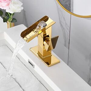 Bathroom Sink Faucet Gold Single Handle 1 or 3 Hole 4 Inch Waterfall Open Spout Bathroom Faucets Modern Brass Lavatory Bath RV Vanity Sink Faucets Basin Mixer Tap with Supply Line Cover Plate