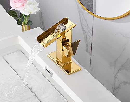 Bathroom Sink Faucet Gold Single Handle 1 or 3 Hole 4 Inch Waterfall Open Spout Bathroom Faucets Modern Brass Lavatory Bath RV Vanity Sink Faucets Basin Mixer Tap with Supply Line Cover Plate