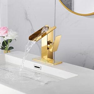 Bathroom Sink Faucet Gold Single Handle 1 or 3 Hole 4 Inch Waterfall Open Spout Bathroom Faucets Modern Brass Lavatory Bath RV Vanity Sink Faucets Basin Mixer Tap with Supply Line Cover Plate