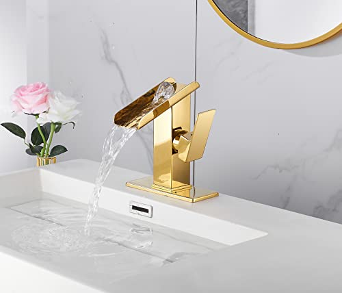 Bathroom Sink Faucet Gold Single Handle 1 or 3 Hole 4 Inch Waterfall Open Spout Bathroom Faucets Modern Brass Lavatory Bath RV Vanity Sink Faucets Basin Mixer Tap with Supply Line Cover Plate