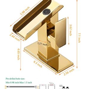 Bathroom Sink Faucet Gold Single Handle 1 or 3 Hole 4 Inch Waterfall Open Spout Bathroom Faucets Modern Brass Lavatory Bath RV Vanity Sink Faucets Basin Mixer Tap with Supply Line Cover Plate