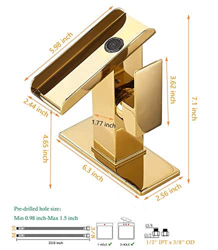 Bathroom Sink Faucet Gold Single Handle 1 or 3 Hole 4 Inch Waterfall Open Spout Bathroom Faucets Modern Brass Lavatory Bath RV Vanity Sink Faucets Basin Mixer Tap with Supply Line Cover Plate