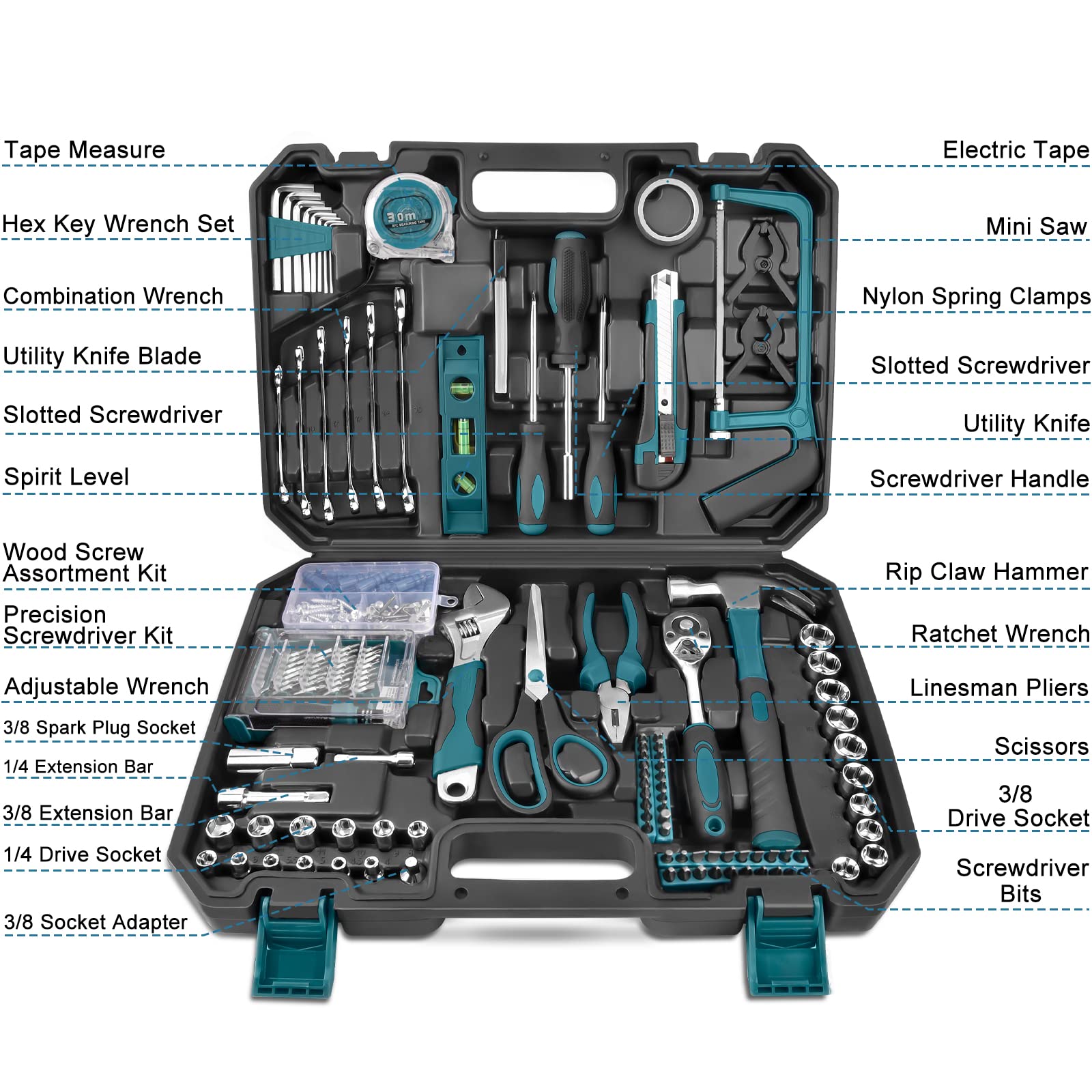 Sundpey Household Tool Kit 257-PCs - Home Auto Repair Tool Set Complete General Hand Tool Set - Tool Kits for Handyman & Precision Screwdriver Set & Metric Hex Key & Toolbox Storage Case for Men Women