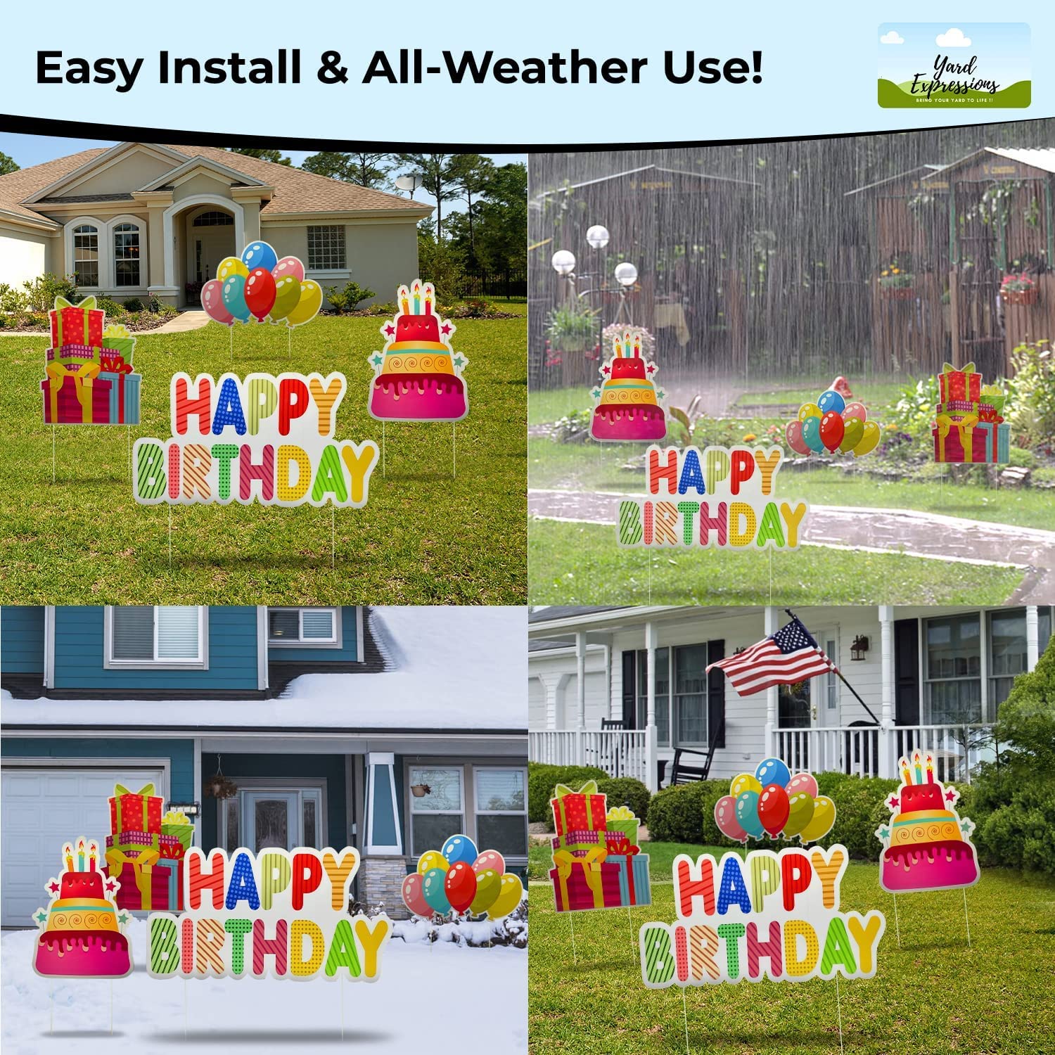 Yard Expressions 4pc Happy Birthday Yard Signs with Stakes - Easy to Install Happy Birthday Yard Sign - Large 16" Waterproof Birthday Sign Yard – Durable, Reusable & Colourful Happy Birthday Lawn Sign