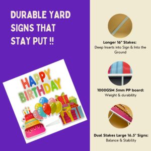 Yard Expressions 4pc Happy Birthday Yard Signs with Stakes - Easy to Install Happy Birthday Yard Sign - Large 16" Waterproof Birthday Sign Yard – Durable, Reusable & Colourful Happy Birthday Lawn Sign