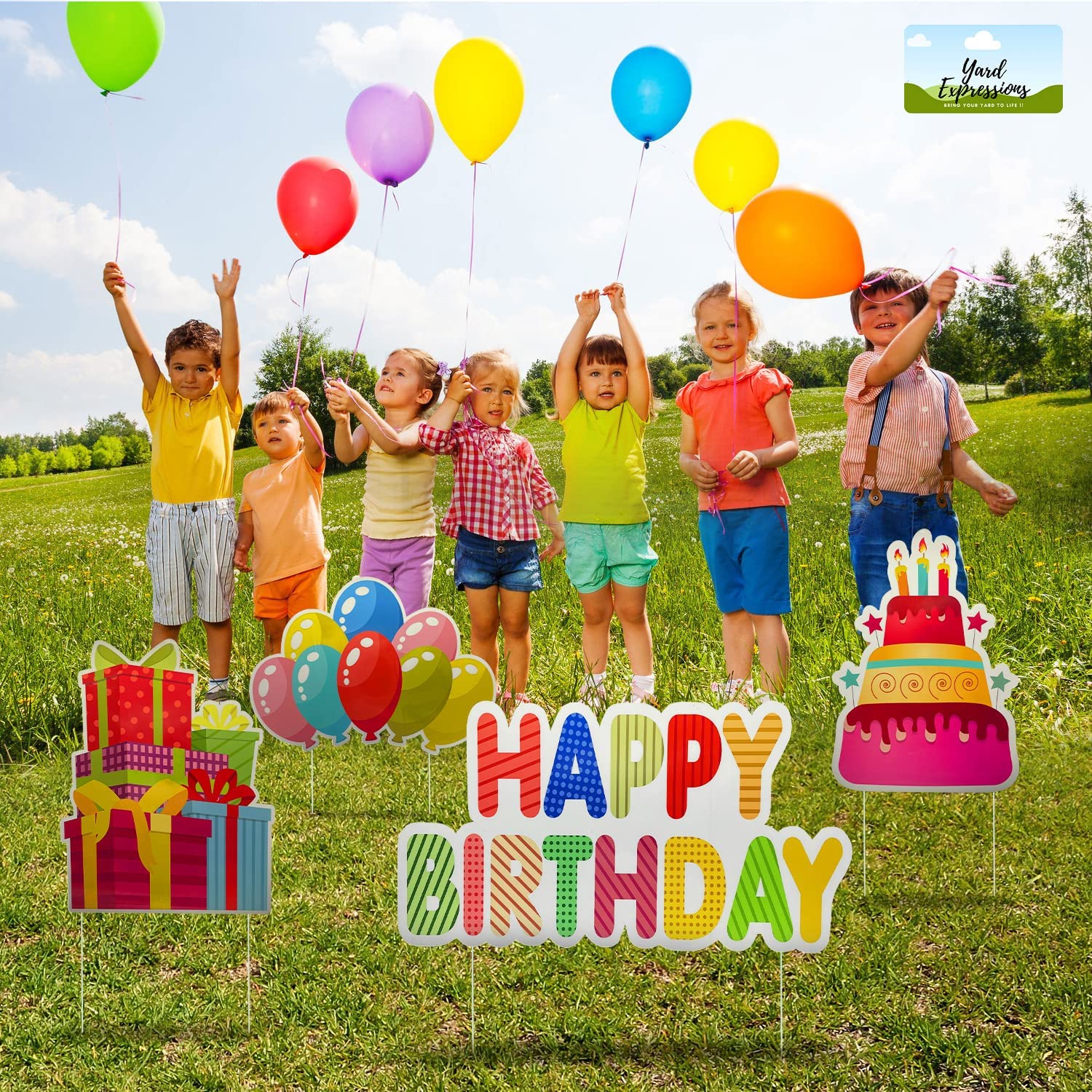 Yard Expressions 4pc Happy Birthday Yard Signs with Stakes - Easy to Install Happy Birthday Yard Sign - Large 16" Waterproof Birthday Sign Yard – Durable, Reusable & Colourful Happy Birthday Lawn Sign