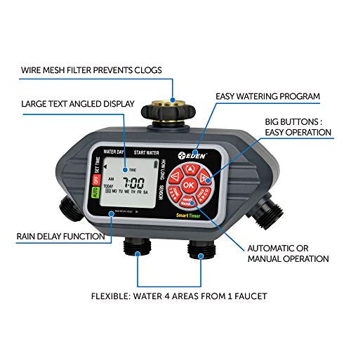 Eden 93413 Programmable Digital Water Timer 4-Zone, Compatible with Wireless Soil Moisture Sensor