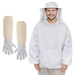 professional beekeeper jacket with goatskin gloves- premium beekeeping suit jacket pull over with fencing veil hood- bee jacket beekeeping smock protective suit for beginner & professional beekeepers