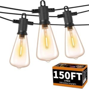 FOOMAN Outdoor String Lights 150ft Shatterproof Dimmable LED Patio Lights Waterproof ST38 Connectable Cafe Lights with 76 Plastic Bulbs for Porch Backyard Garden Bistro(2×75FT)