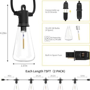 FOOMAN Outdoor String Lights 150ft Shatterproof Dimmable LED Patio Lights Waterproof ST38 Connectable Cafe Lights with 76 Plastic Bulbs for Porch Backyard Garden Bistro(2×75FT)