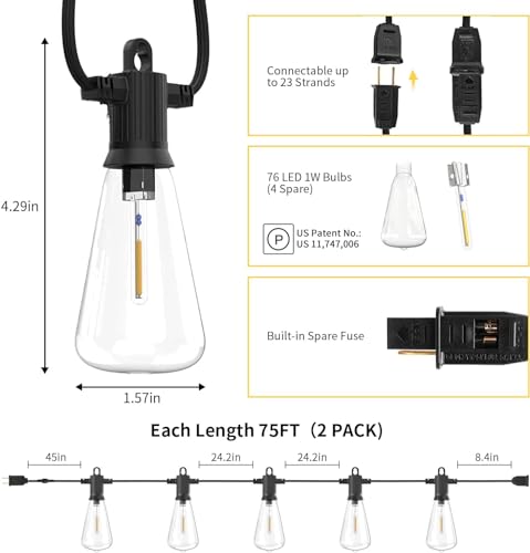 FOOMAN Outdoor String Lights 150ft Shatterproof Dimmable LED Patio Lights Waterproof ST38 Connectable Cafe Lights with 76 Plastic Bulbs for Porch Backyard Garden Bistro(2×75FT)